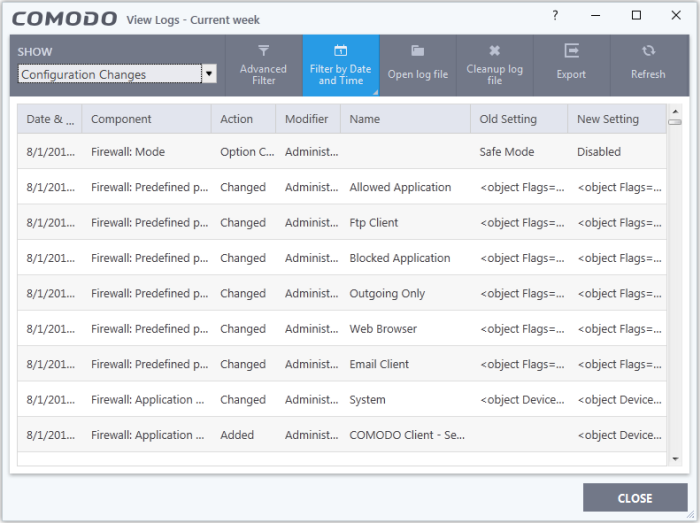 Configuration Changes Logs, Configuration Management Tools | Comodo Client Security